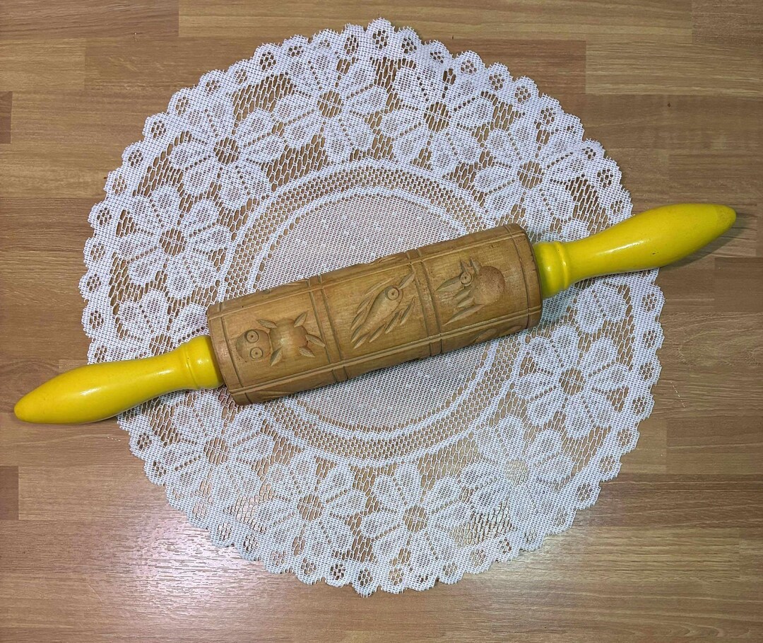 Vintage Springerle Rolling Pin: Yellow Handles, Carved Wood, Country ...
