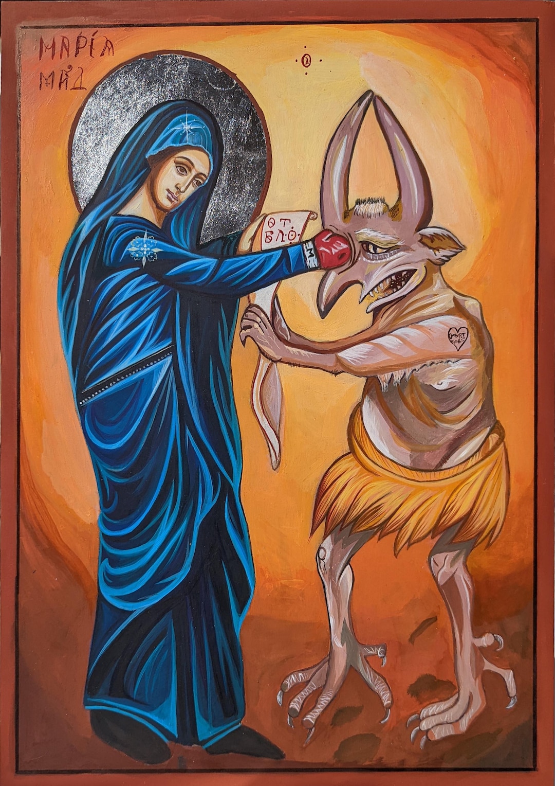 Hail Mary Punches Devil Icon: Hand-painted Religious Art - Etsy