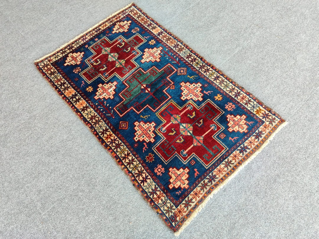Persian Rug 3x5 Red and Blue Rug Heriz Rug 3x5 Caucasian - Etsy