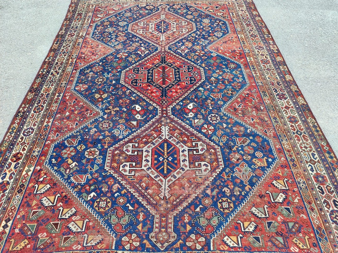 Persian Shiraz 7x10 Rug, Antique 1800s Carpet, 7x10 Blue Area Rug, Red ...