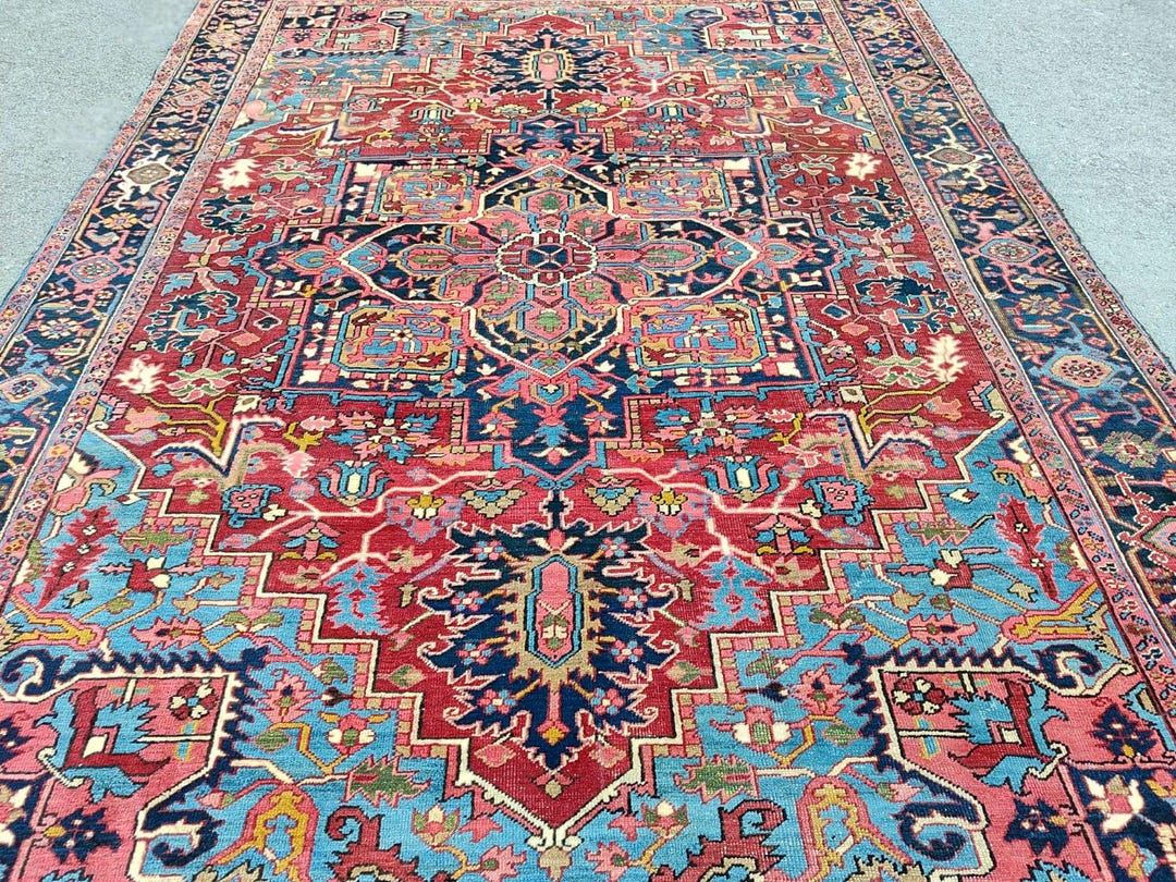 Antique Heriz Rug 8x10, Persian Large Rug, Red Turquoise Rug Oversize ...