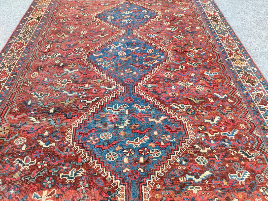 Persian Antique Rug 5x6, Shiraz Rugs, Red Navy Carpet, Oriental Rug ...