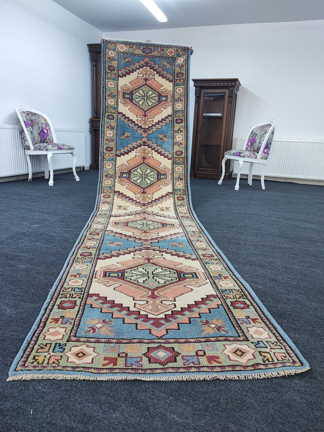 Turkish Runner 12ft, Oushak Runner, Blue Runner, Stair Rug, 3x12 Runner ...