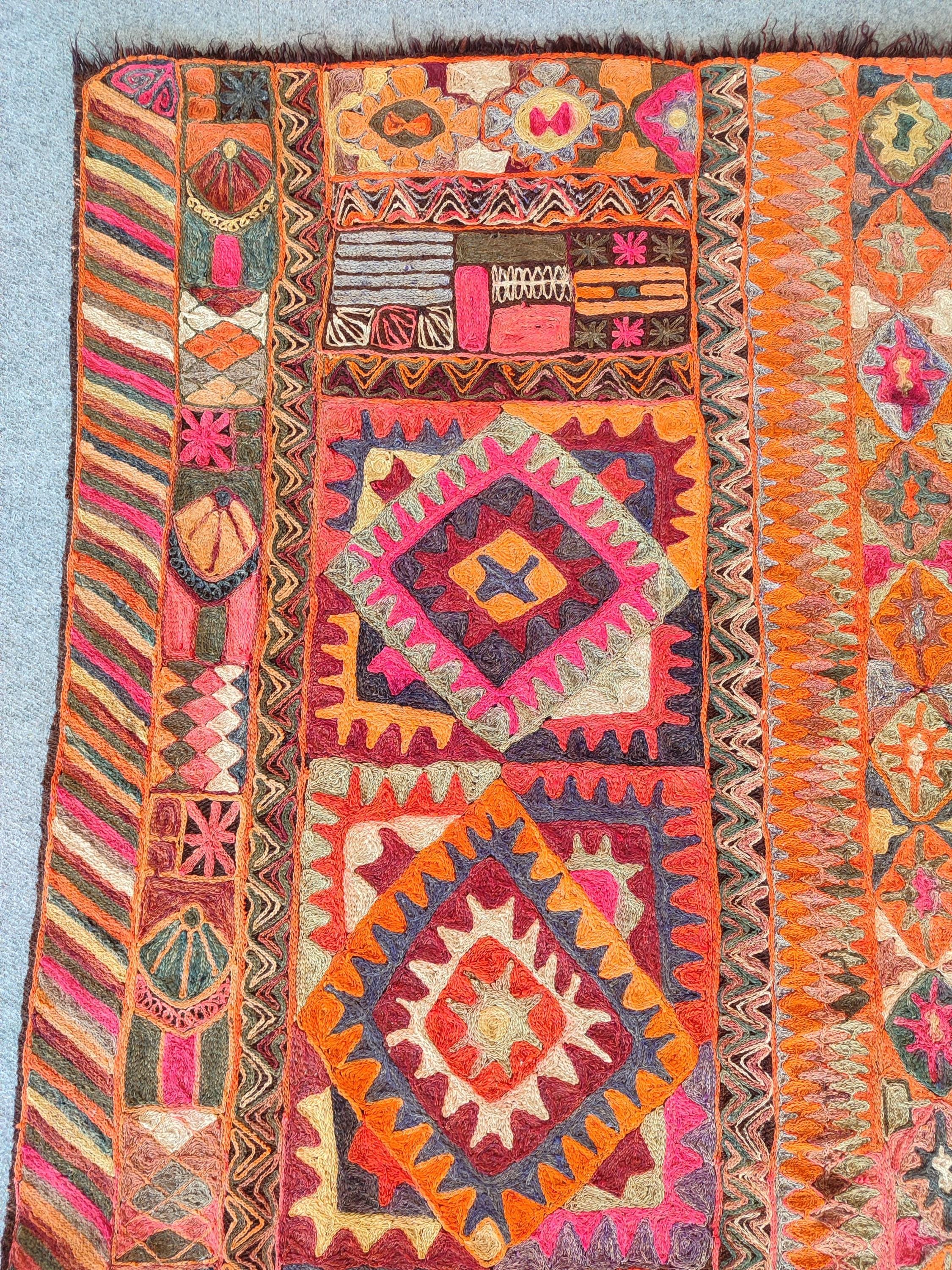 Antique Arabic Kilim Rug 5x8, Embroidered Rug, Iraq Kurdish Rug, Orange ...