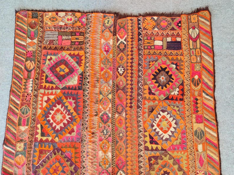 Antique Arabic Kilim Rug 5x8, Embroidered Rug, Iraq Kurdish Rug, Orange ...