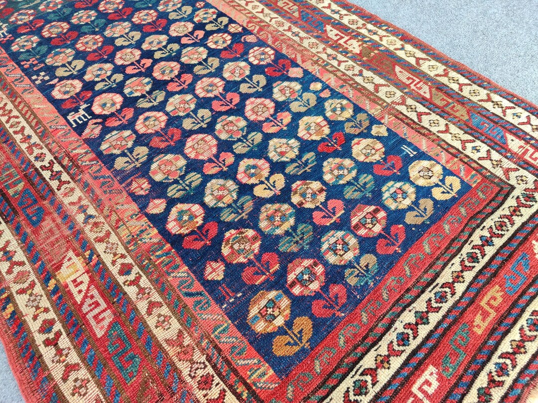 1800s Caucasian Antique Rug 4x7, Kazak Rug, Navy Antique Rug, Antique ...
