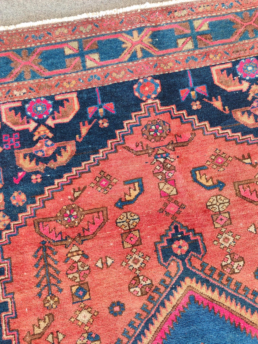 Antique Oriental Rug 4x7, Red Navy Persian Rug Runner, Vibrant Rug ...