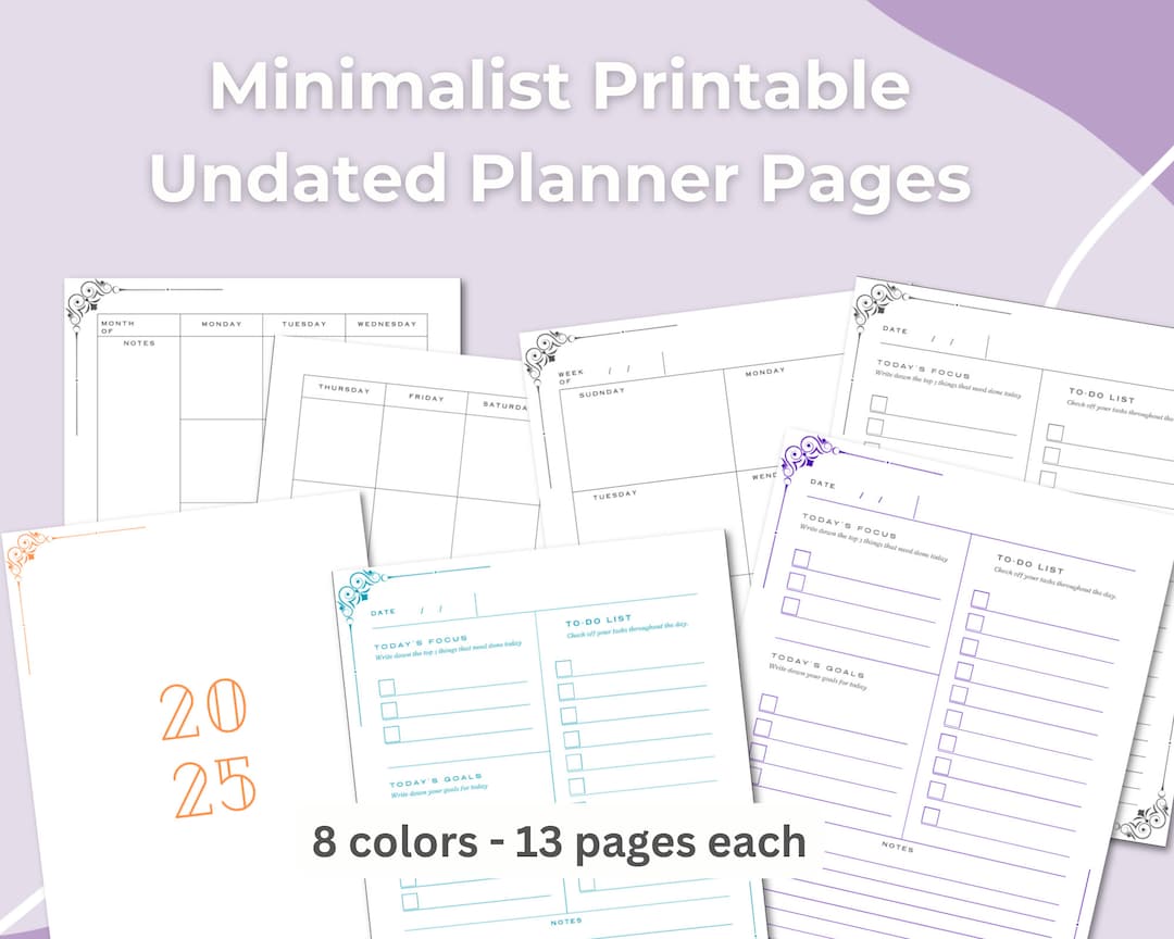 Minimalist Printable Undated Planner Pages 8 Colors - 13 Pages Each - Etsy