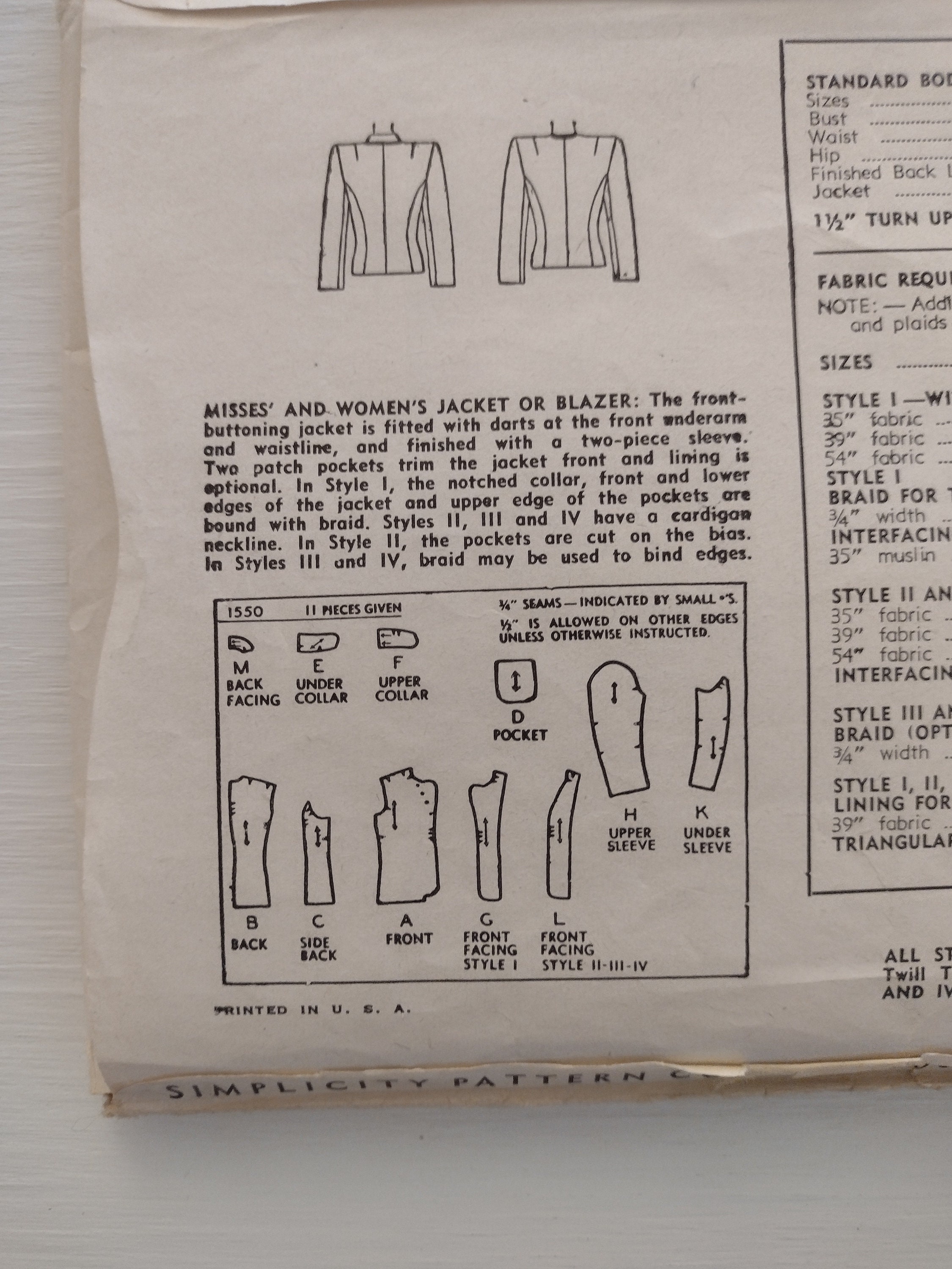 Simplicity 1550 1940s Vintage Jacket or Blazer Pattern Bust 36 Vintage ...