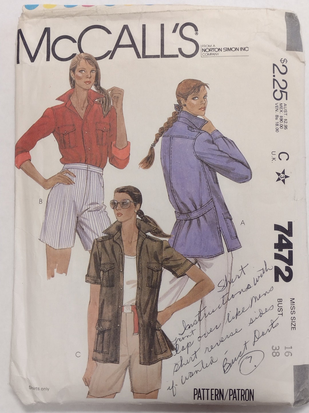 Mccall's 7472 - Safari Shirt Jacket Sewing Pattern Circa 1981 - Size 16 ...
