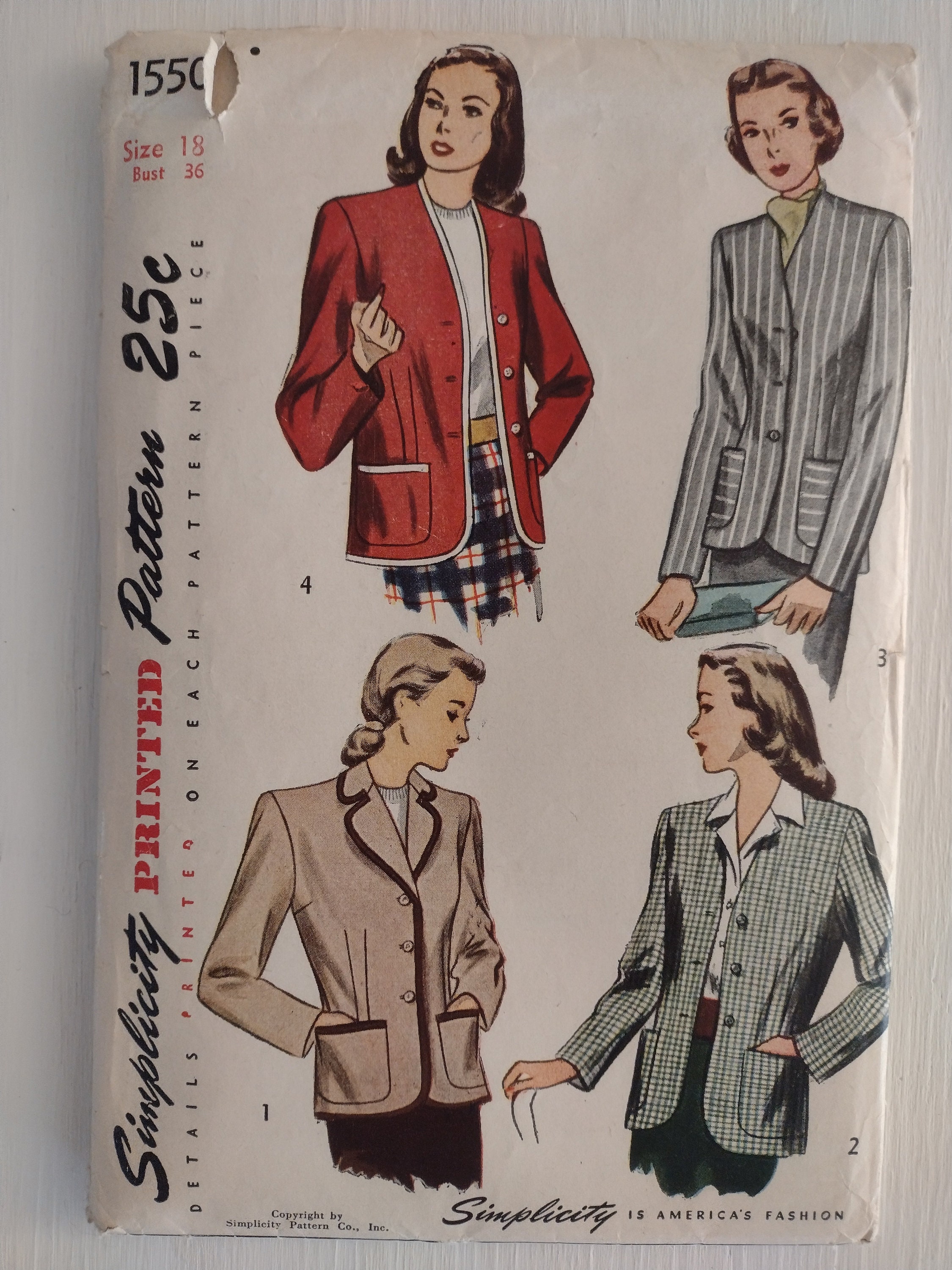Simplicity 1550 1940s Vintage Jacket or Blazer Pattern Bust 36 Vintage ...