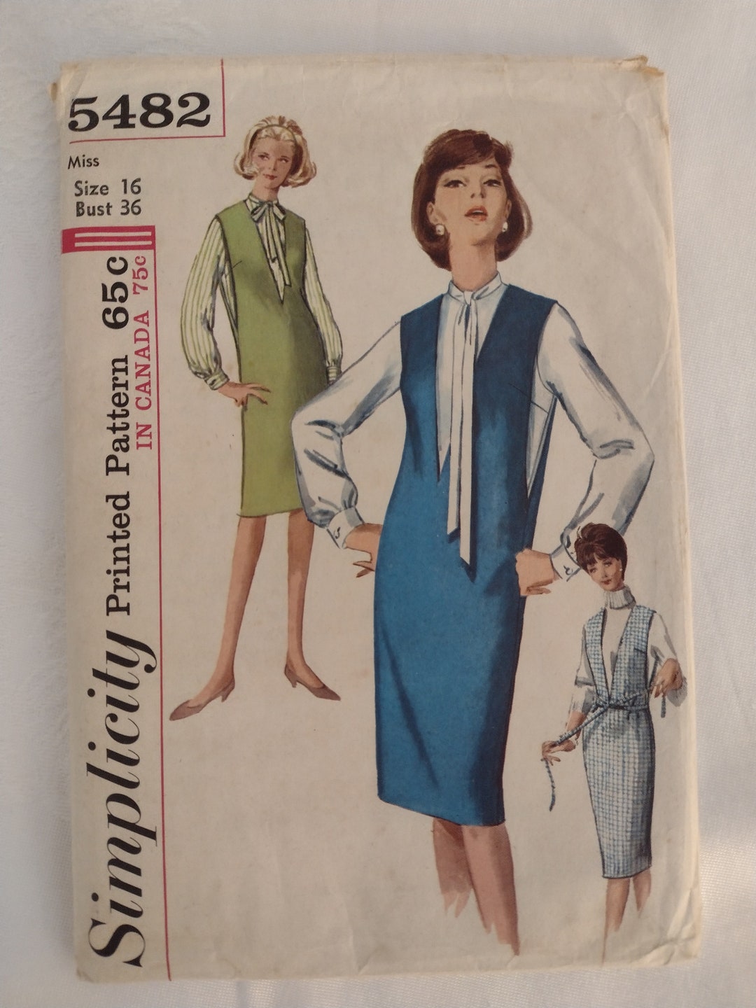 Simplicity 5482 - 60s Jumper Dress Pattern - Low V-neck Pinafore Dress ...
