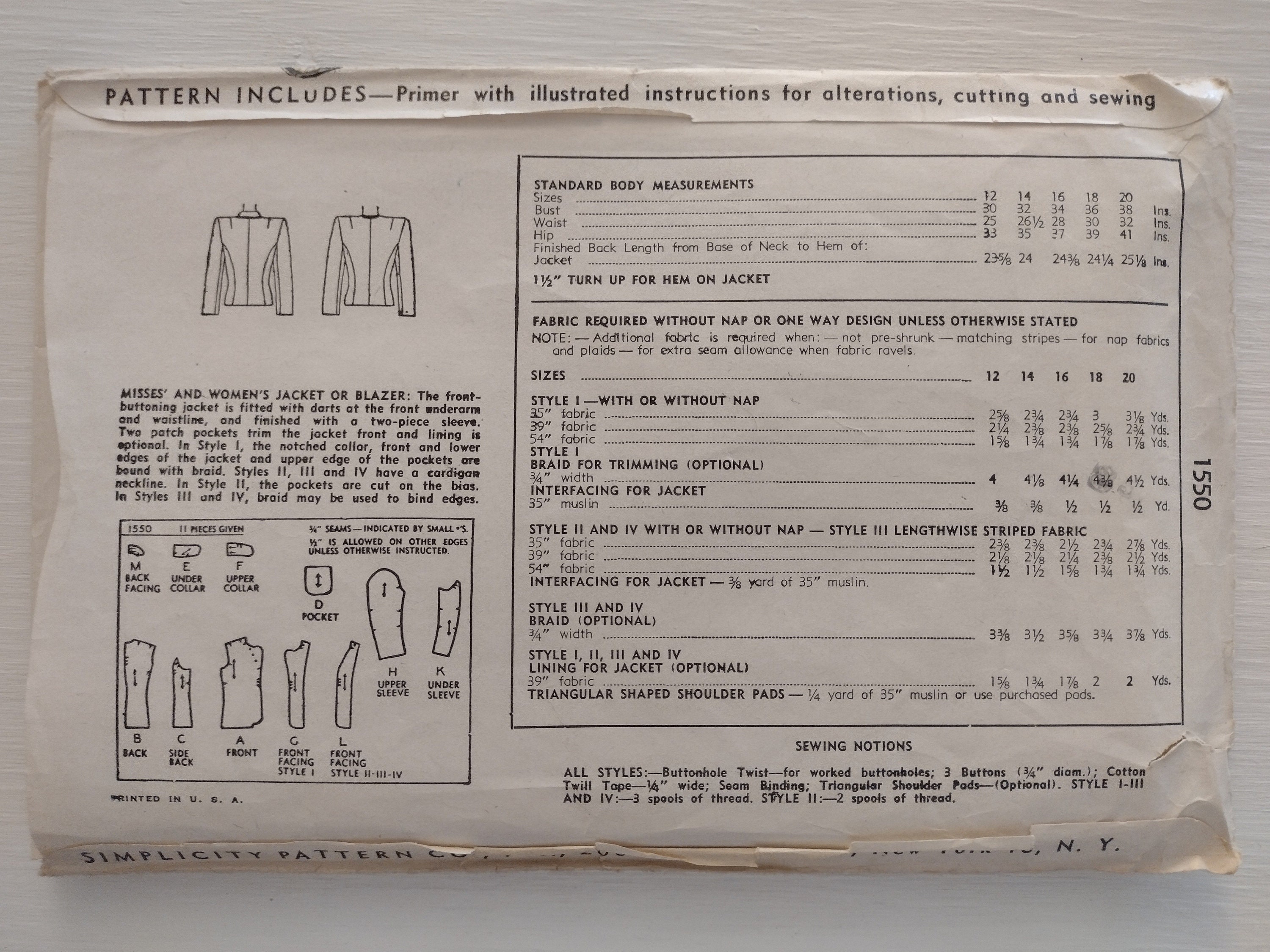Simplicity 1550 1940s Vintage Jacket or Blazer Pattern Bust 36 Vintage ...