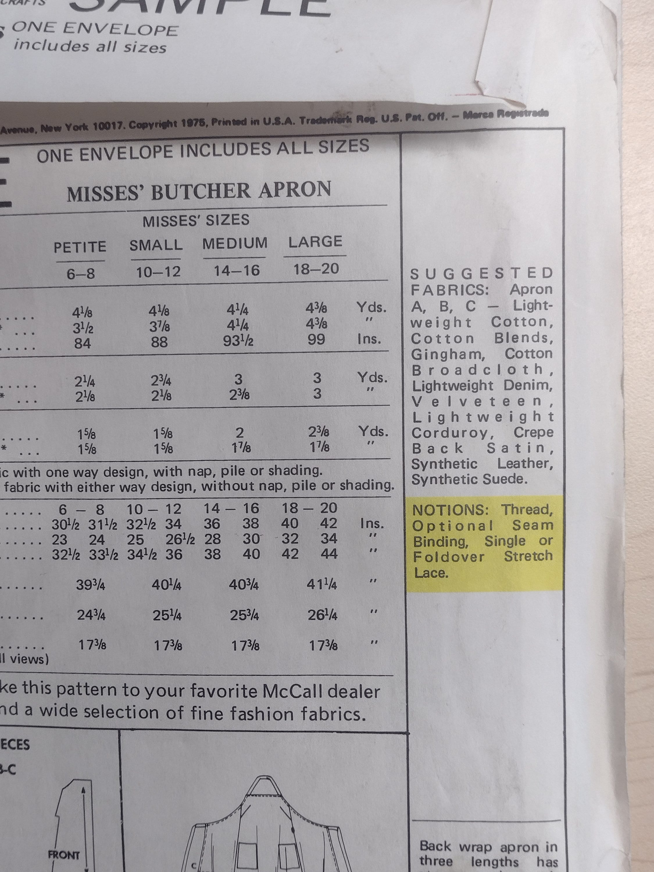 Mccall's Misses Butcher Apron Pattern 70s Wrap-around Tie-waist Apron ...