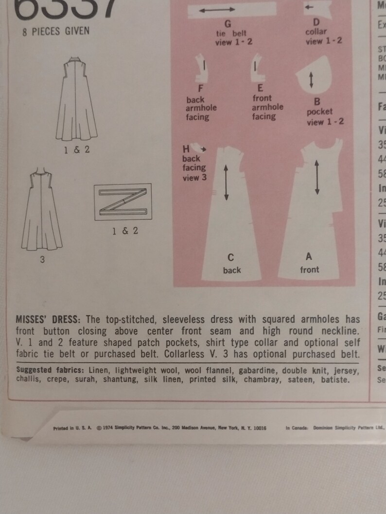 Simplicity 6337 - 70s Sleeveless Tent Dress W-square Armholes, Front ...