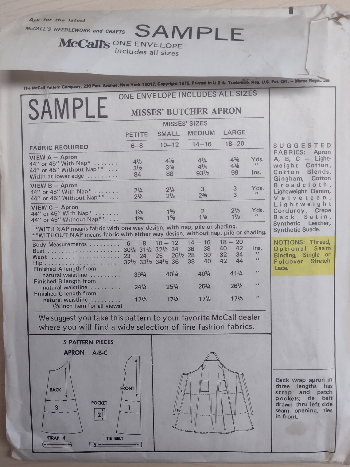 Mccall's Misses Butcher Apron Pattern 70s Wrap-around Tie-waist Apron ...