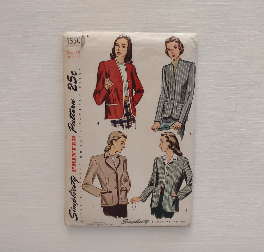 Simplicity 1550 - 1940s Vintage Jacket or Blazer Pattern - Bust 36 ...