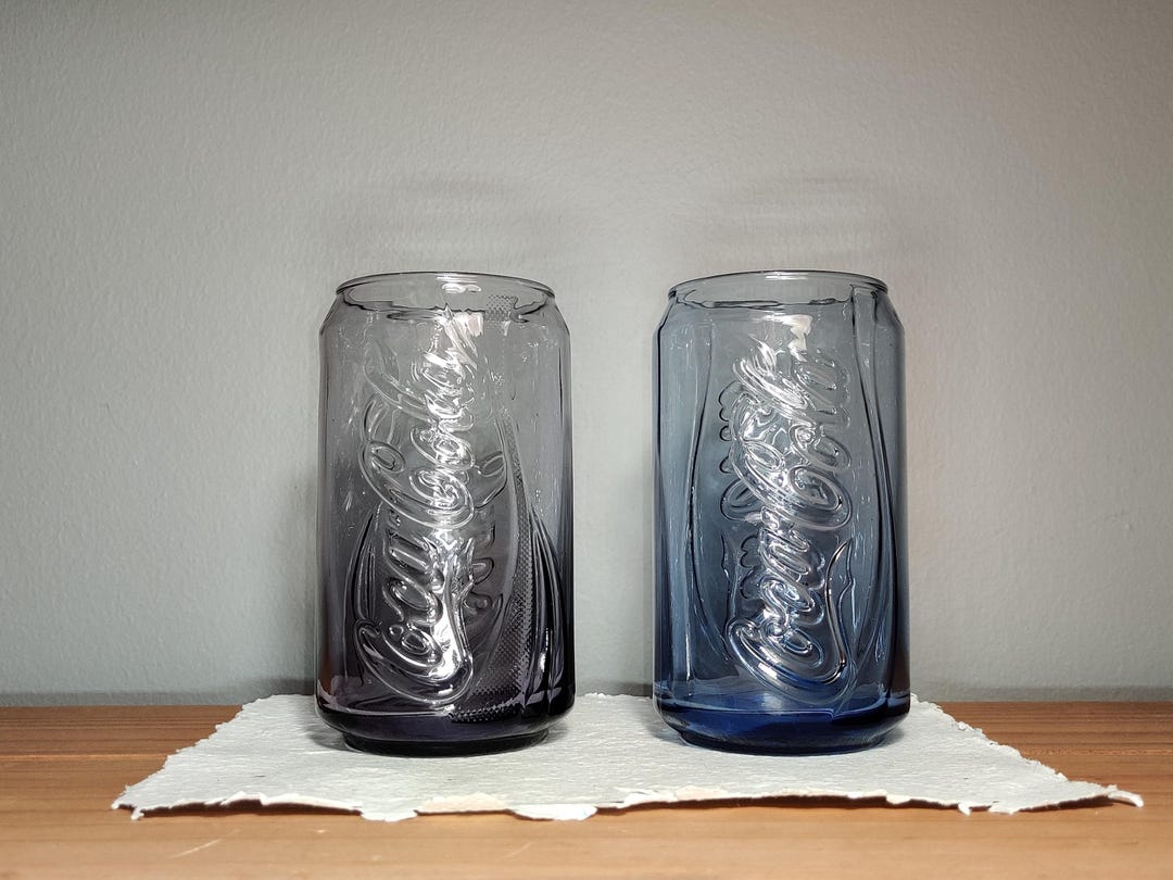 Choose From Blue or Purple Tint Coca Cola Can Shaped Clear Glass Cup ...