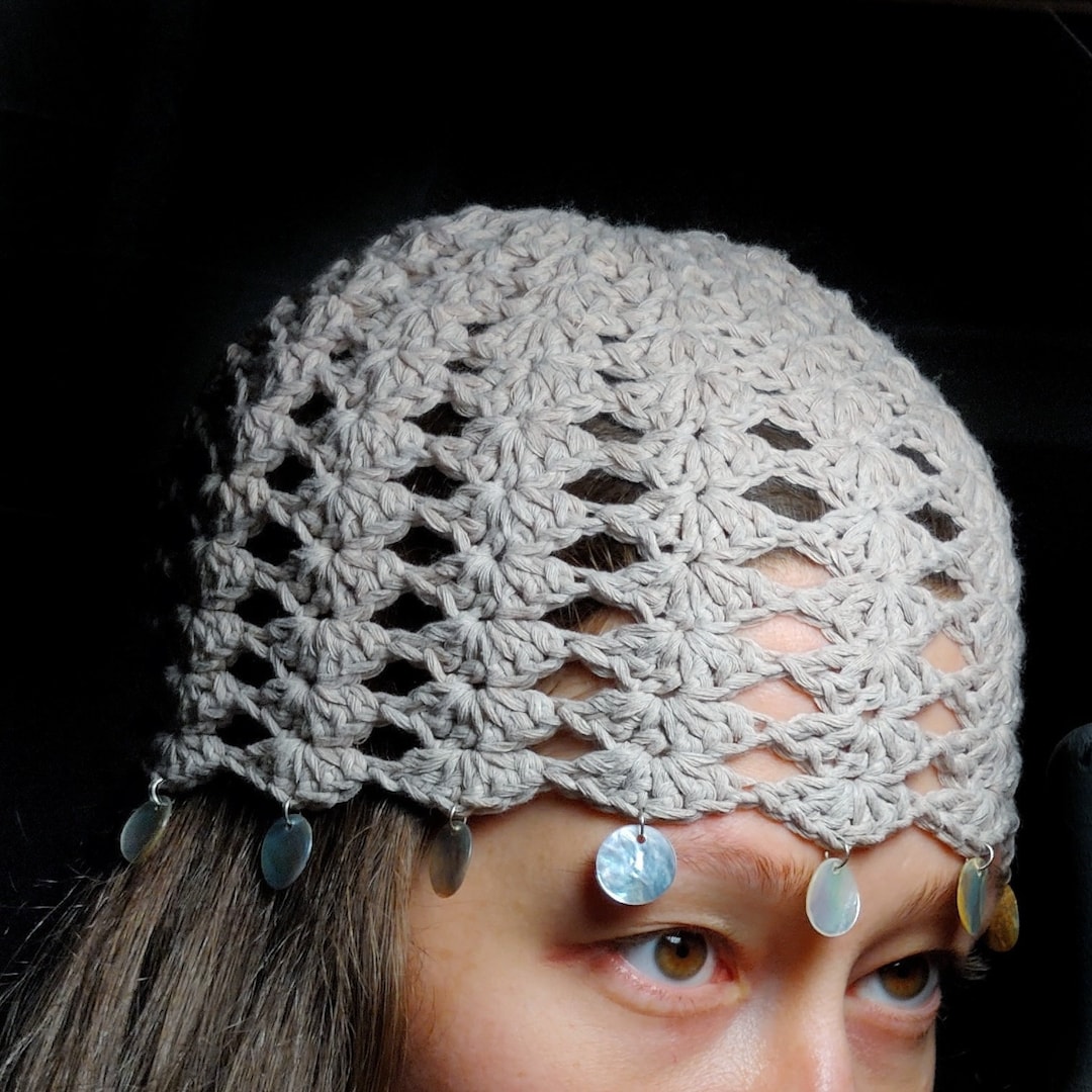 Crochet Hat With Dangling Mother of Pearl Medallions, 100% Cotton in ...