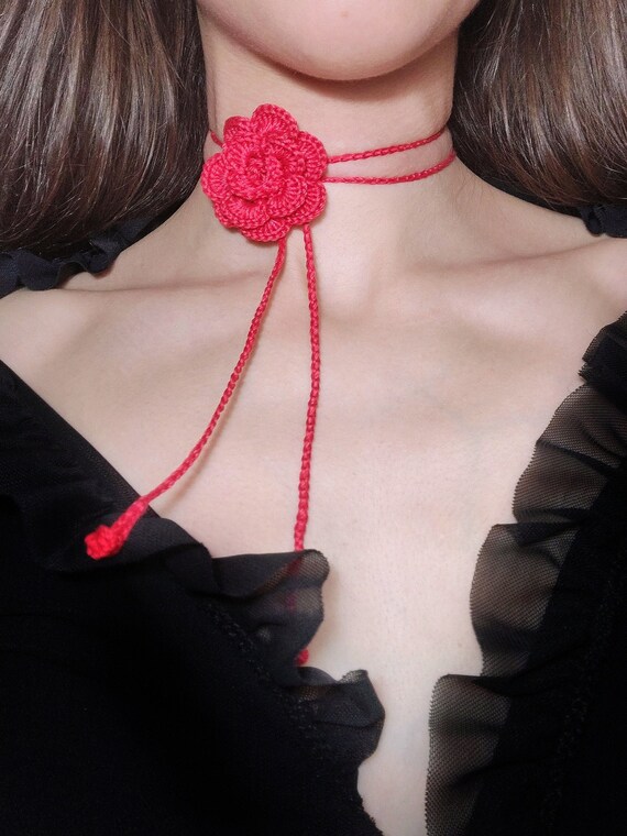 Rich Red Colour Rose Flower Choker Handmade From 100 Cotton Yarn With Red Wrap Around Cord Crochet 3D Rosette Valentine s Day Corsage Etsy Canada