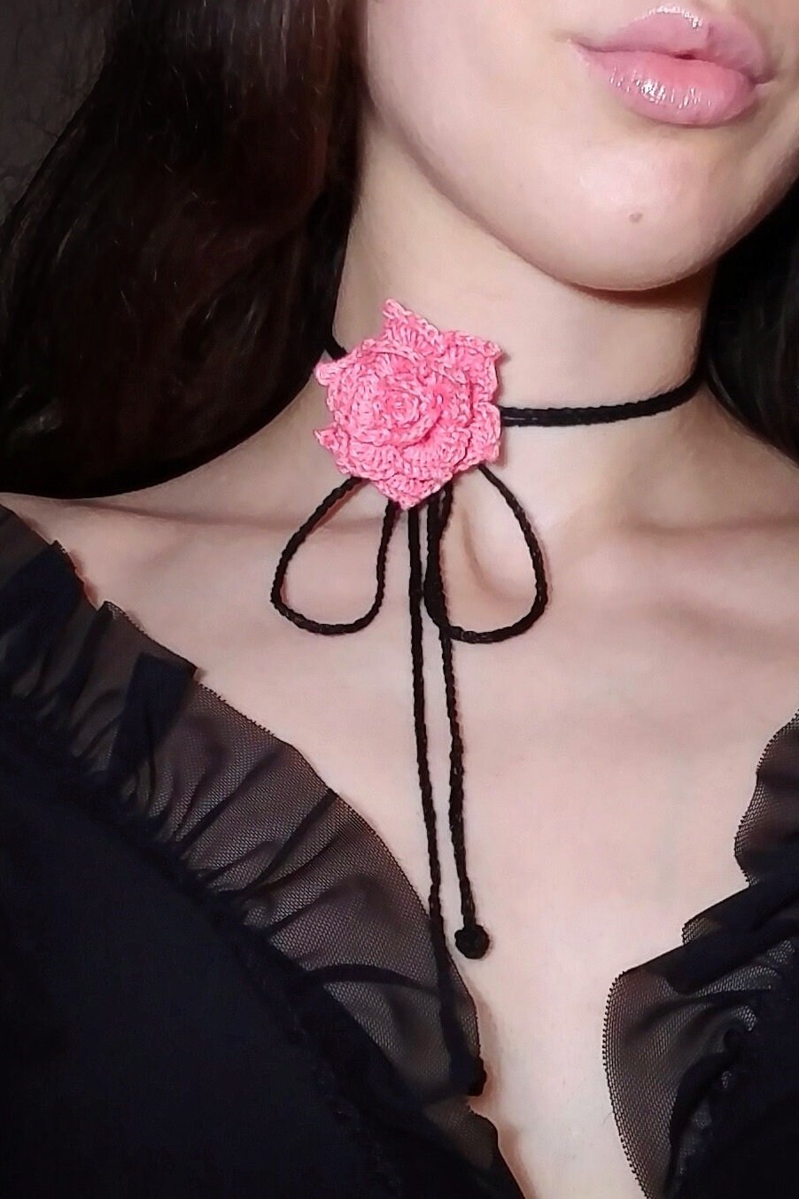 Pink Rose Flower Choker With 2 Types of Leaves, Crochet Necklace, Black ...