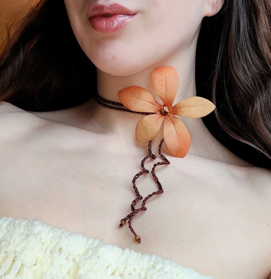 Flower Choker, 100% Linen Crochet Cord in 3 Colors Brown, Khaki Green ...