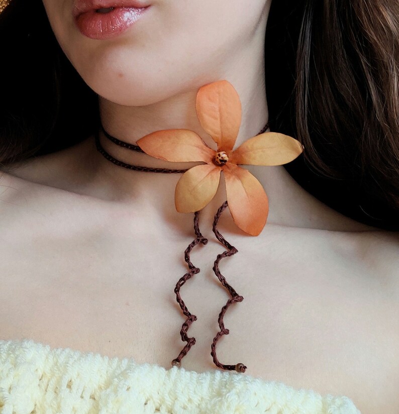 Flower Choker, 100% Linen Crochet Cord in 3 Colors Brown, Khaki Green ...