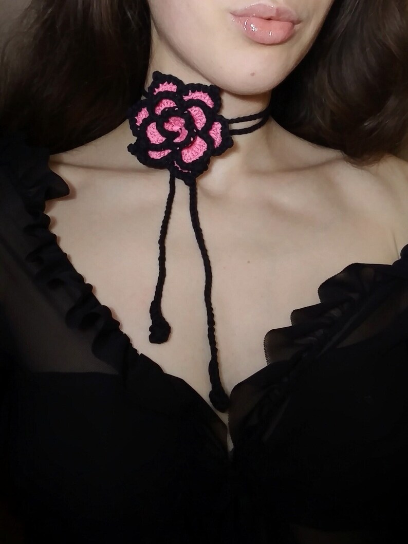 Crochet Rose Flower Choker in Pink With Black or White Edging From 100% ...