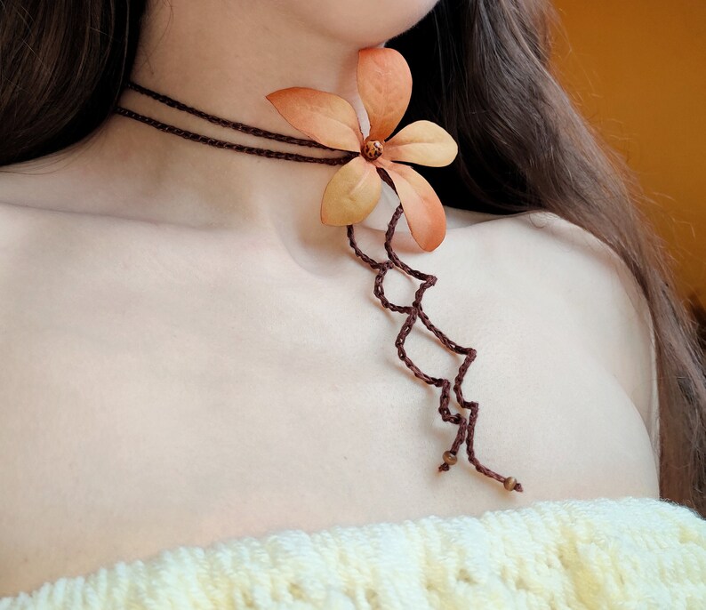 Flower Choker, 100% Linen Crochet Cord in 3 Colors Brown, Khaki Green ...
