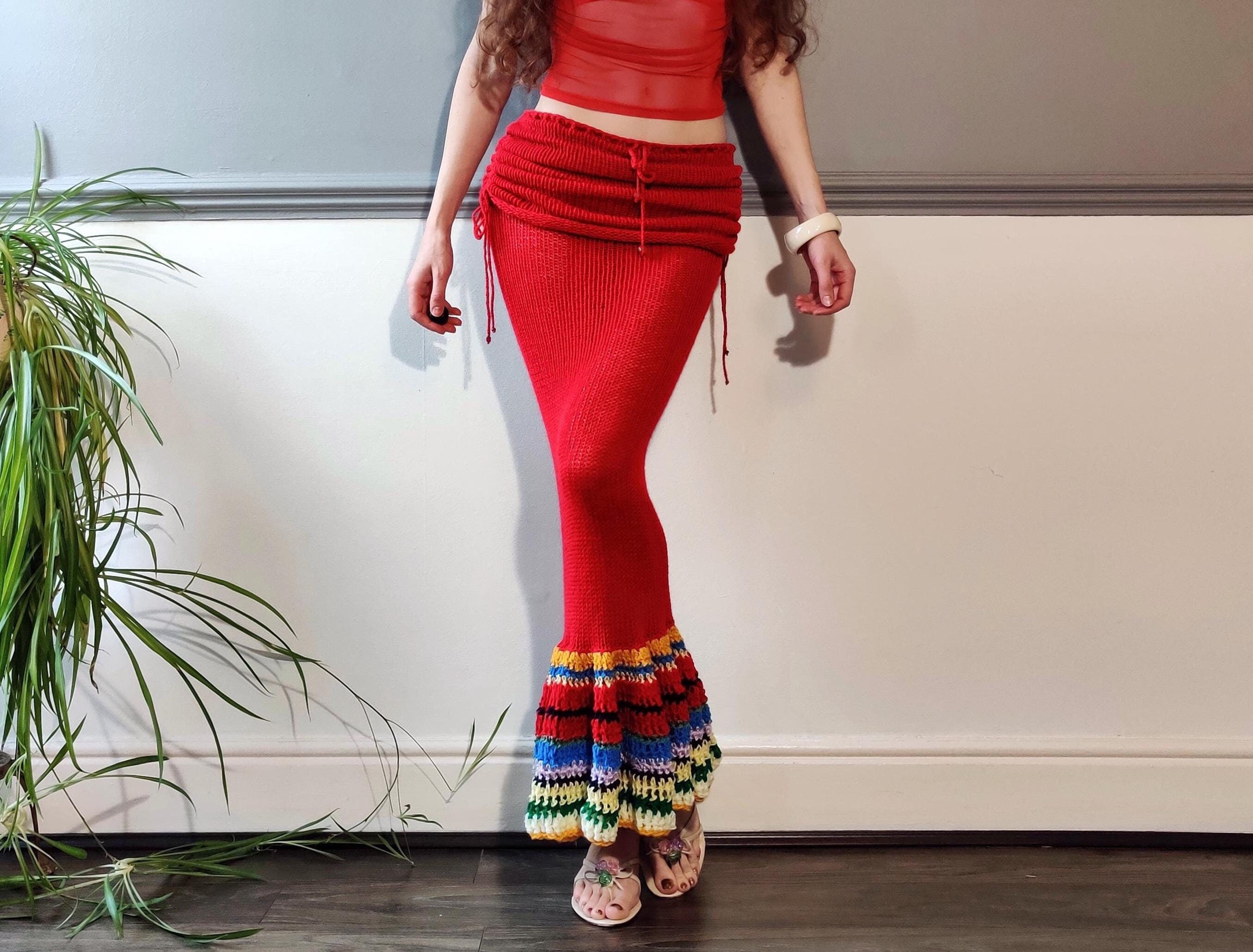 Red Knitted Maxi Skirt With Crochet Mix Colour Mermaid Frill Hem and ...