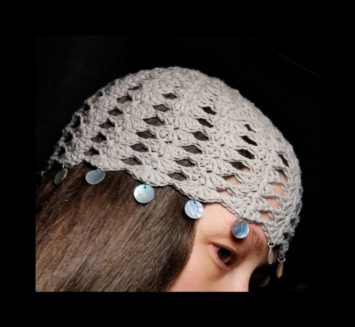 Crochet Hat With Dangling Mother of Pearl Medallions, 100% Cotton in ...
