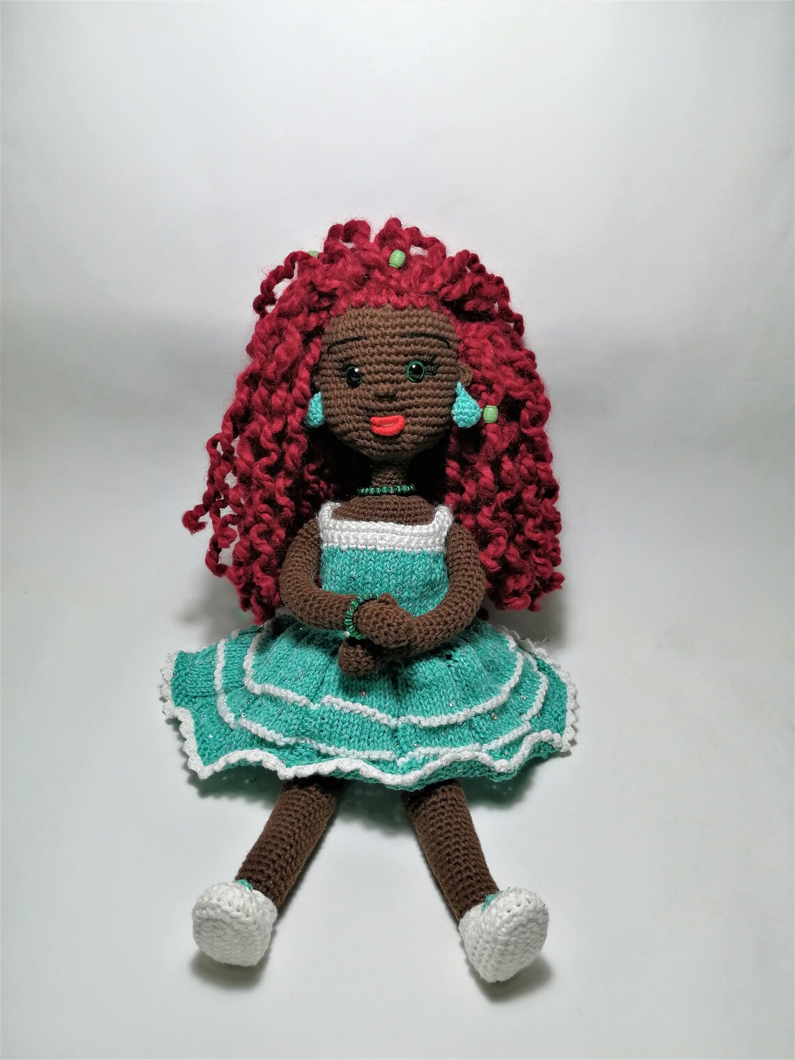 African American Cloth Doll, Red Curly Hair Doll, Handmade Amigurumi ...