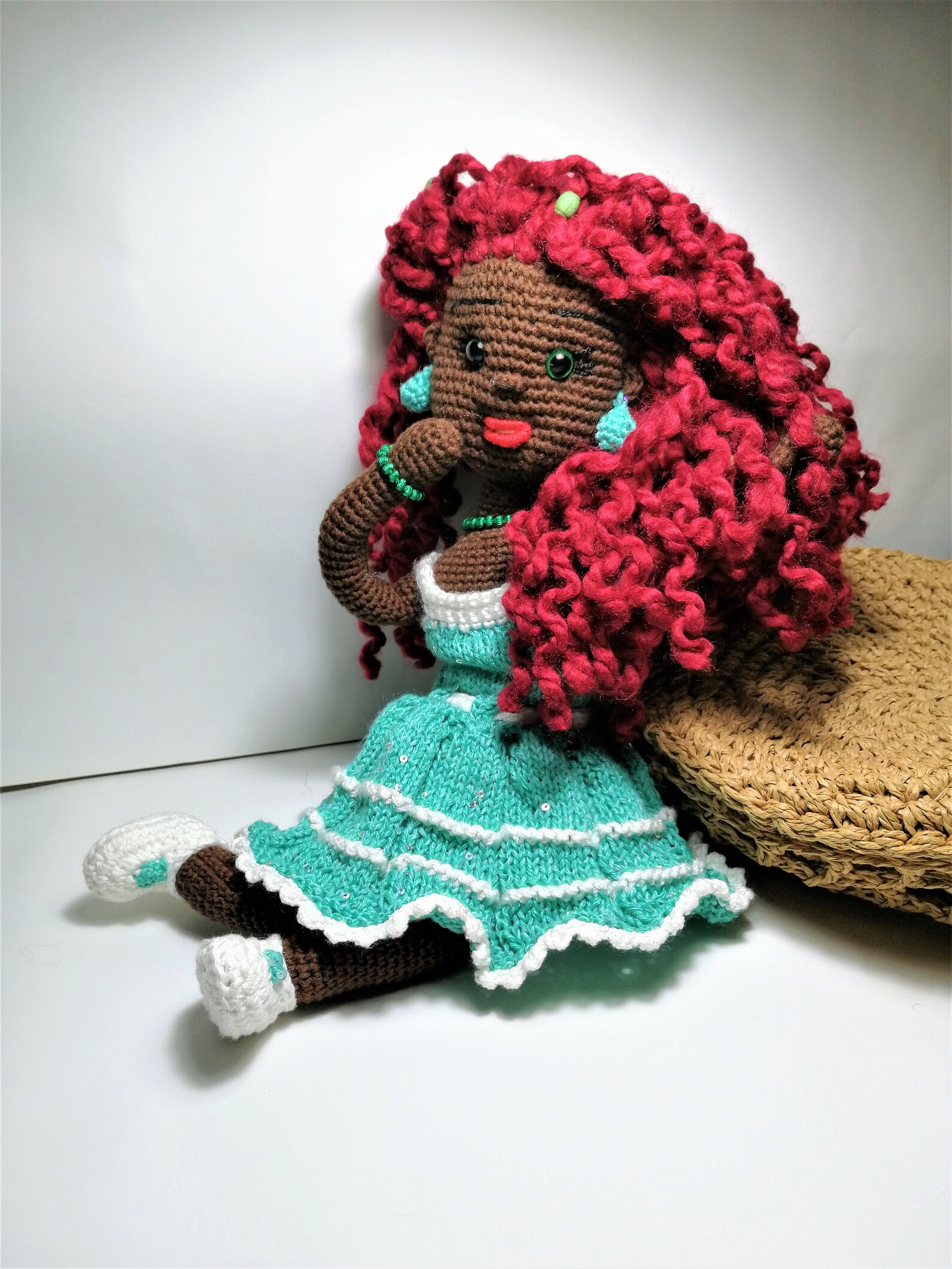 African American Cloth Doll, Red Curly Hair Doll, Handmade Amigurumi ...