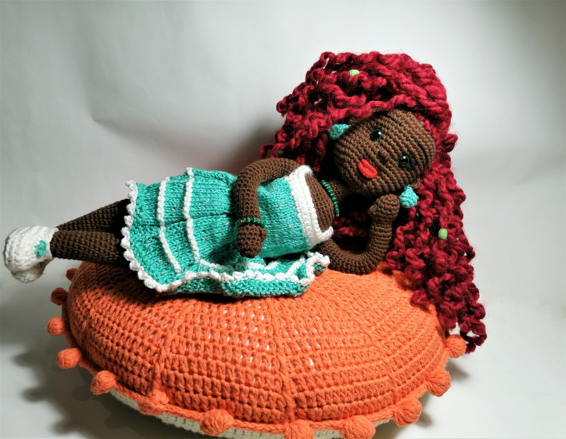 African American Cloth Doll, Red Curly Hair Doll, Handmade Amigurumi ...