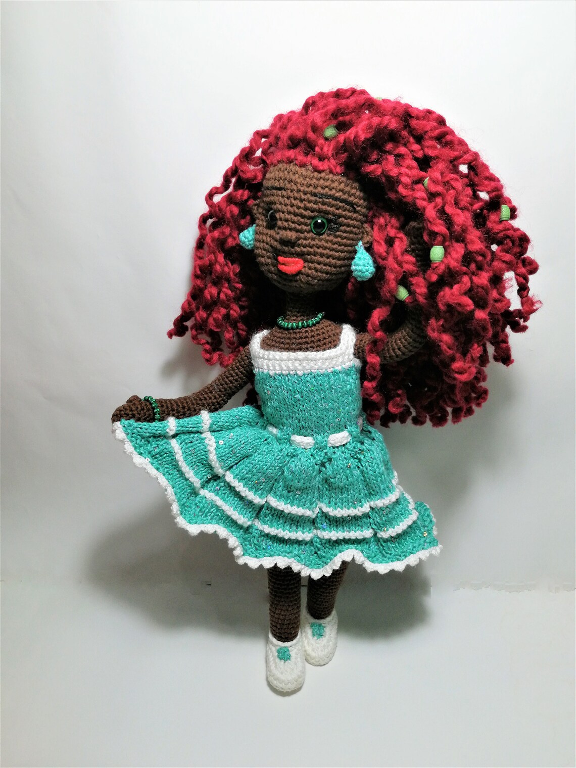 African American Cloth Doll, Red Curly Hair Doll, Handmade Amigurumi ...