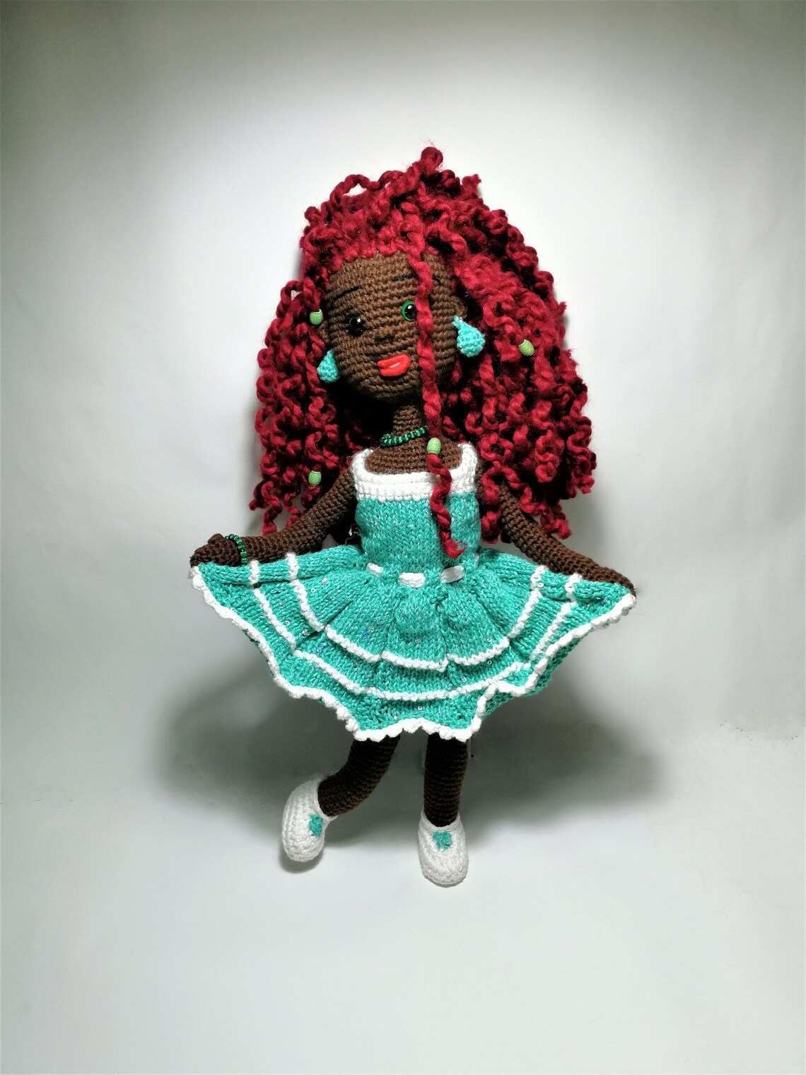 African American Cloth Doll, Red Curly Hair Doll, Handmade Amigurumi ...
