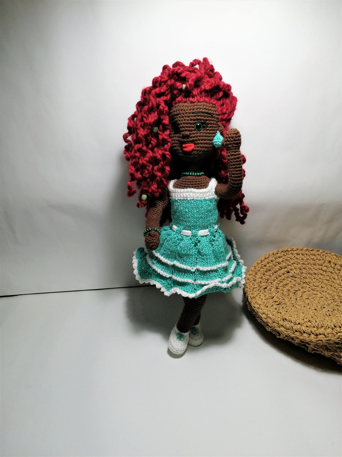 African American Cloth Doll, Red Curly Hair Doll, Handmade Amigurumi ...