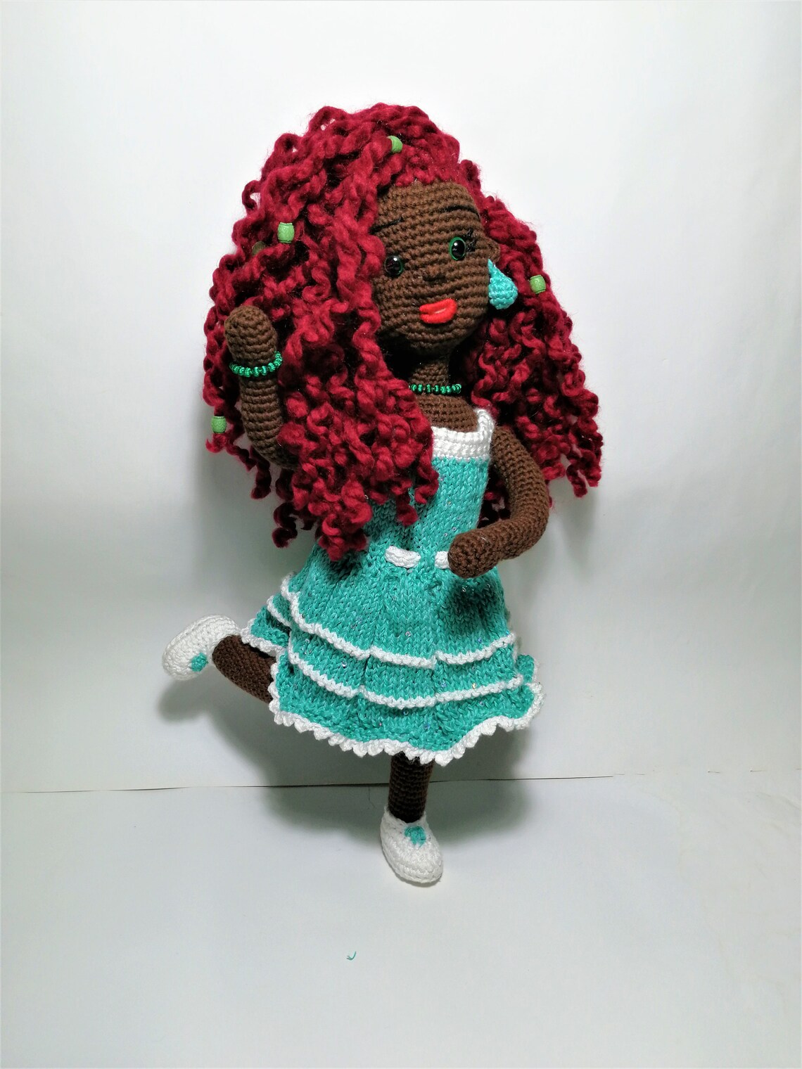 African American Cloth Doll, Red Curly Hair Doll, Handmade Amigurumi ...