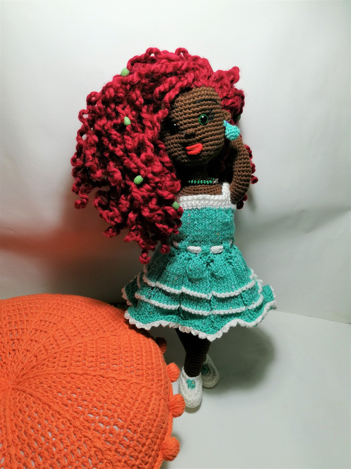 African American Cloth Doll, Red Curly Hair Doll, Handmade Amigurumi ...