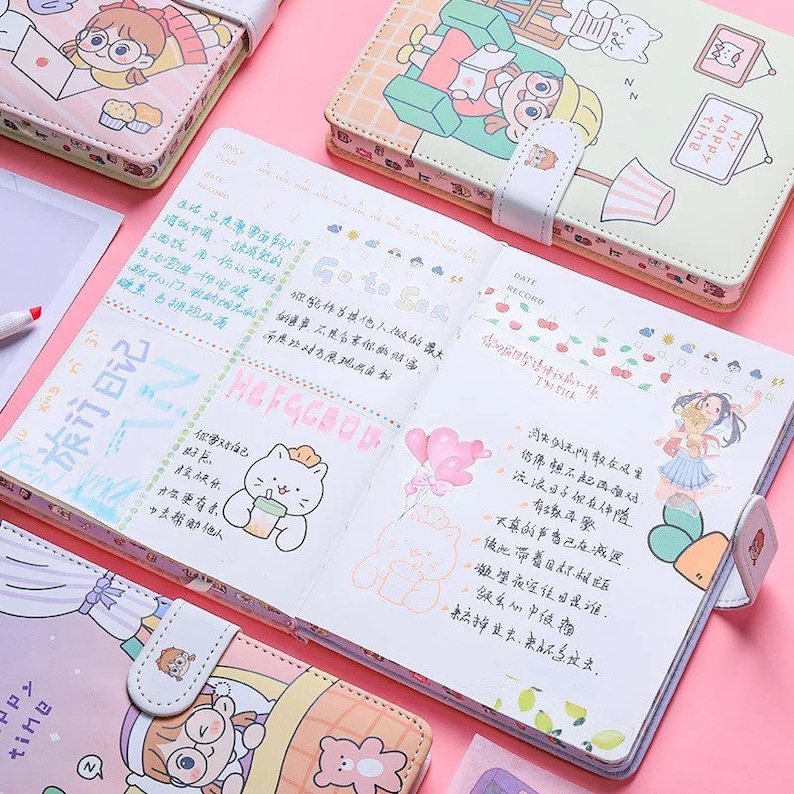 Cute School Girl Kawaii Notebook- Kawaii Notebook, Soft Hard Cover Cute ...