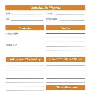 Oak Substitute Report, Substitute Teacher, Class Report Card - Etsy