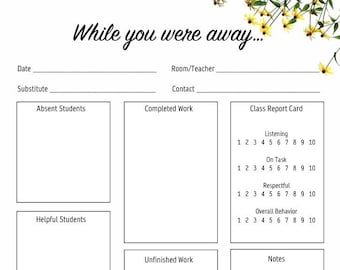 Delicate Substitute Report, Substitute Teacher, Class Report Card - Etsy