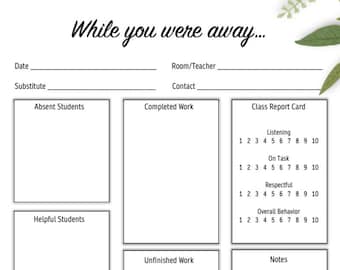 Daisy Substitute Report, Substitute Teacher, Class Report Card - Etsy