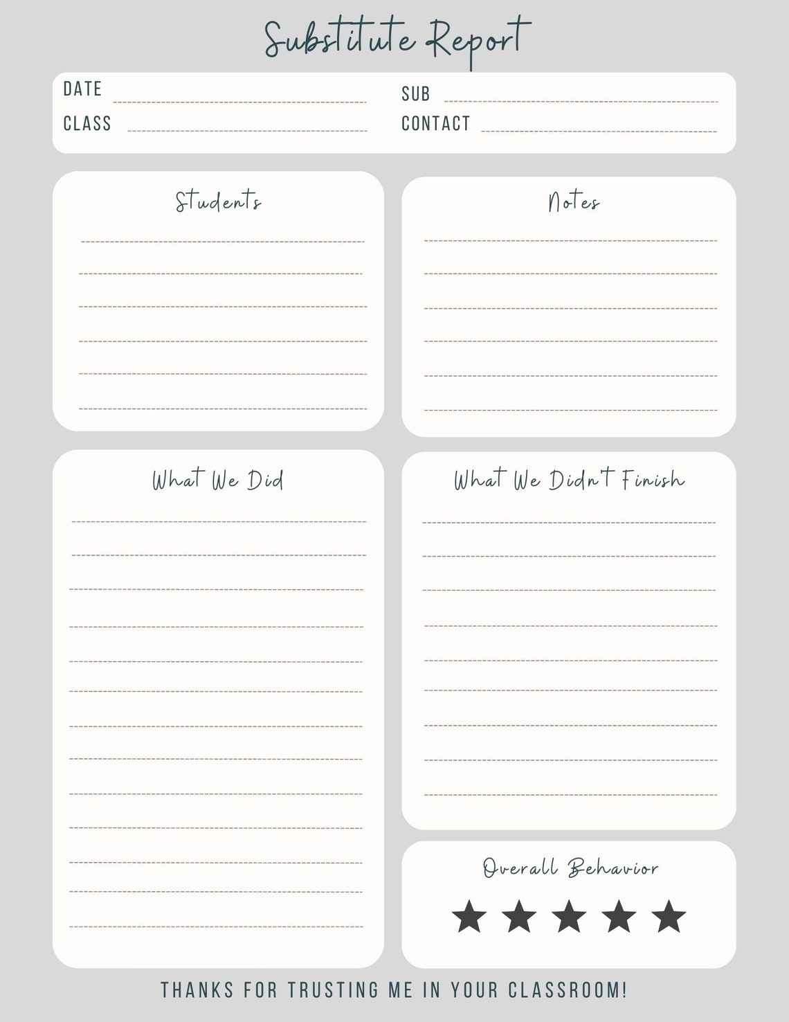 Gray COMBO Substitute Report and Plan DOWNLOAD, Substitute Teacher - Etsy