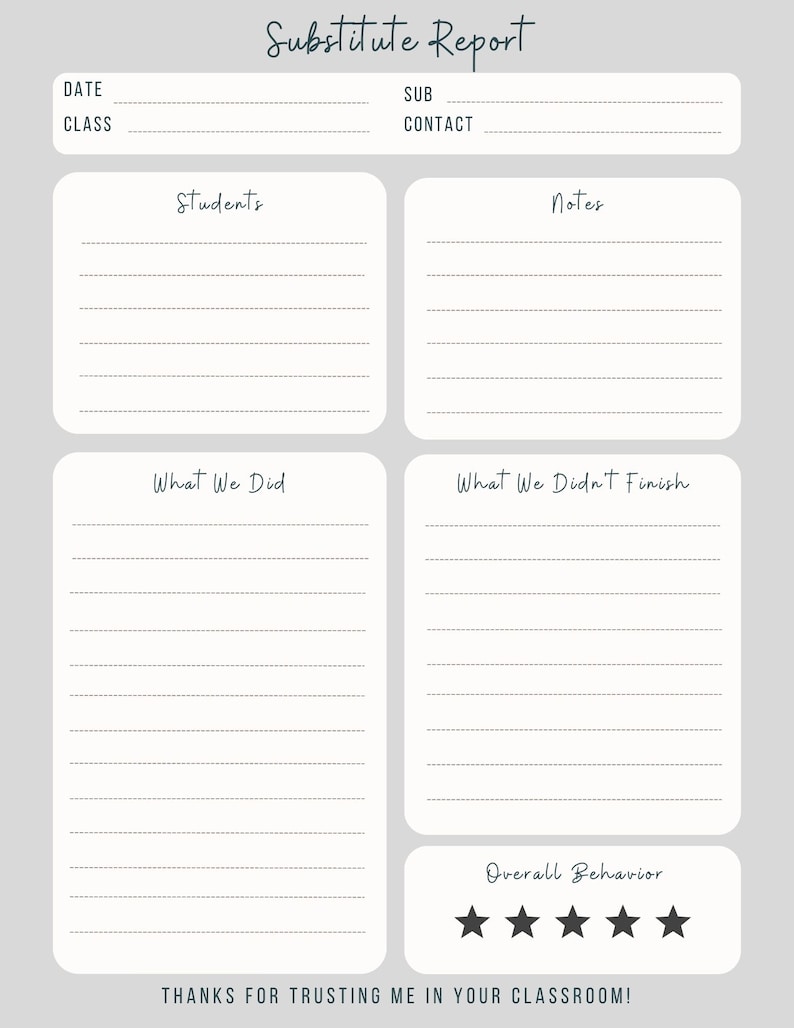 Gray COMBO Substitute Report and Plan DOWNLOAD, Substitute Teacher - Etsy