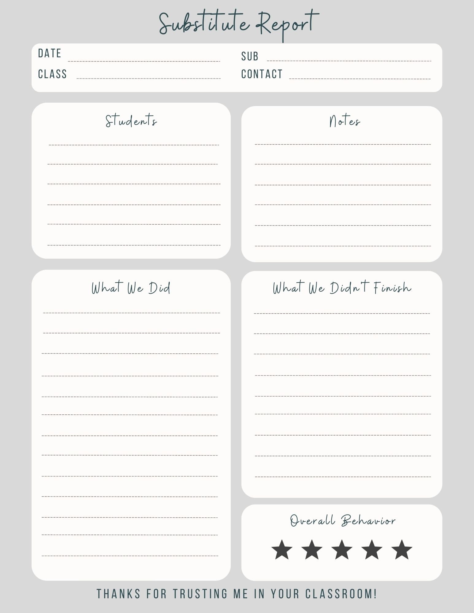 Gray COMBO Substitute Report and Plan DOWNLOAD, Substitute Teacher - Etsy