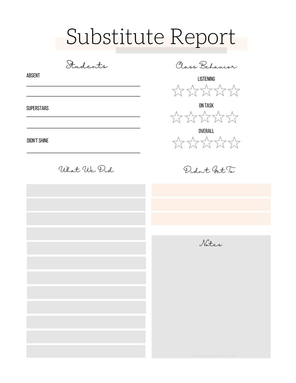 Delicate Substitute Report, Substitute Teacher, Class Report Card - Etsy