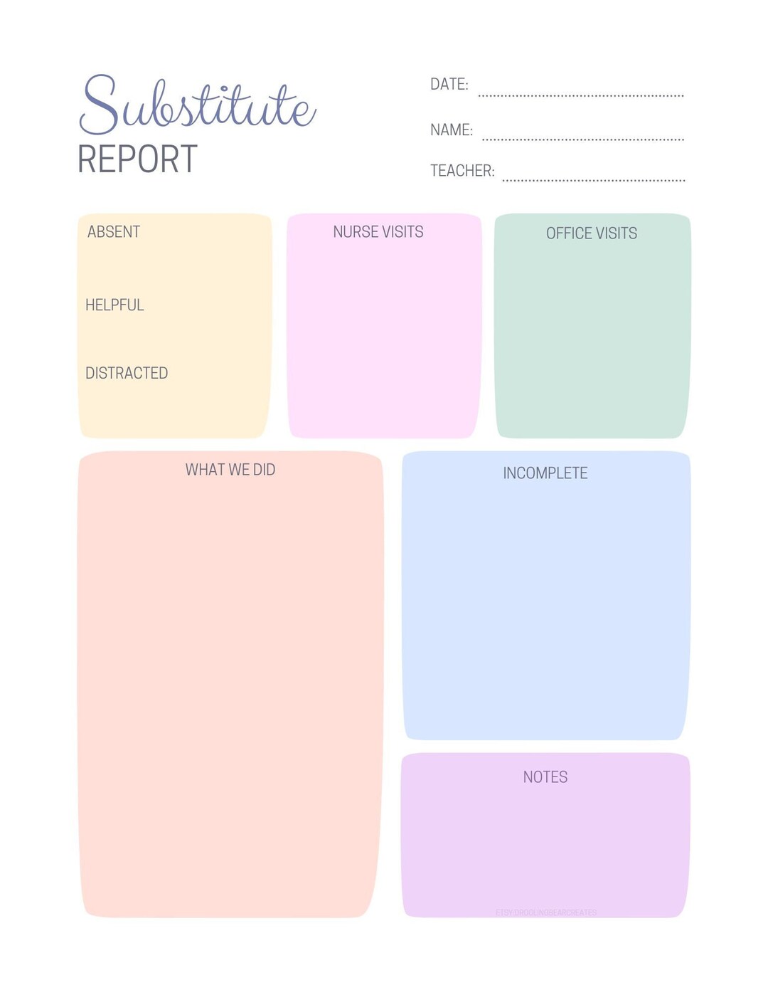 Colors Substitute Report, Substitute Teacher, Class Report Card - Etsy