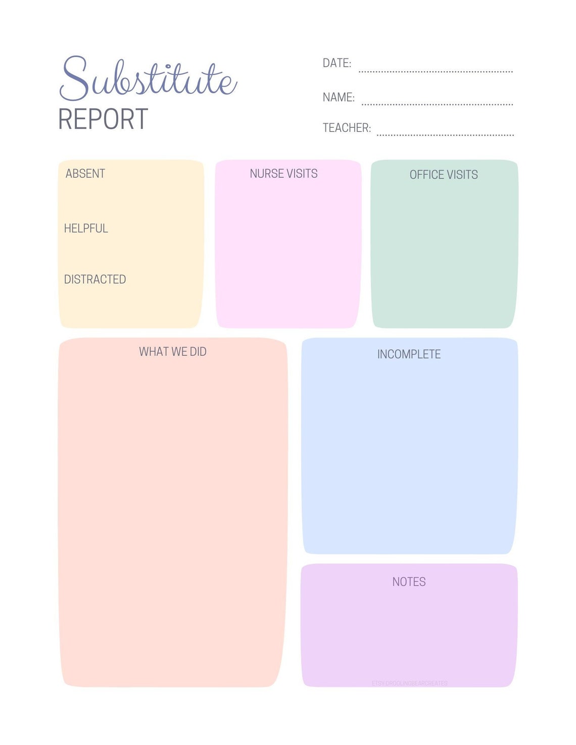 Colors Substitute Report, Substitute Teacher, Class Report Card - Etsy