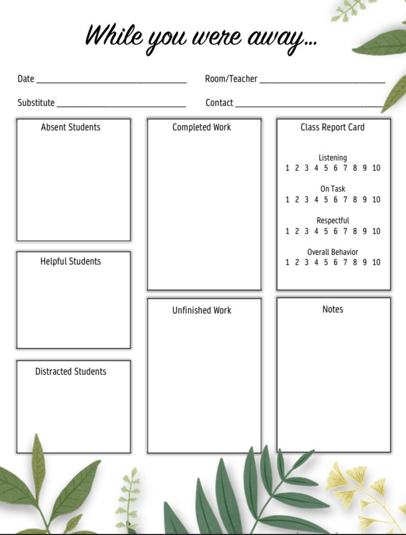 Leafy Substitute Report, Substitute Teacher, Class Report Card - Etsy